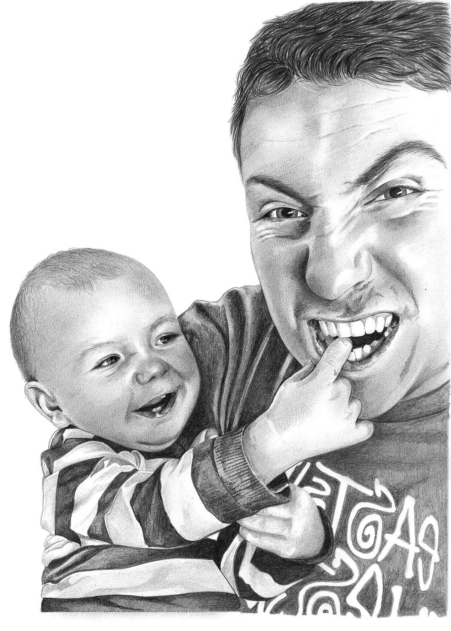 Pencil Drawing of Man with Baby Son | Pencil Sketch Portraits
